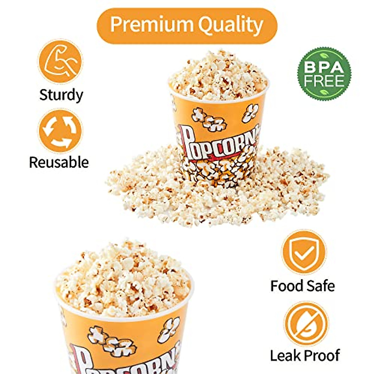 Plastic Popcorn Containers Retro Style Reusable Popcorn Buckets for Movie Night 7.1”x7.1”x5.1” - 2 Pack