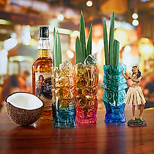 Burns Glass Set of 4 Colored Tiki Glasses - Perfect Tropical Cocktail Tiki Glassware for Tiki Bar, Island Parties, and Gifts for Tiki Lovers
