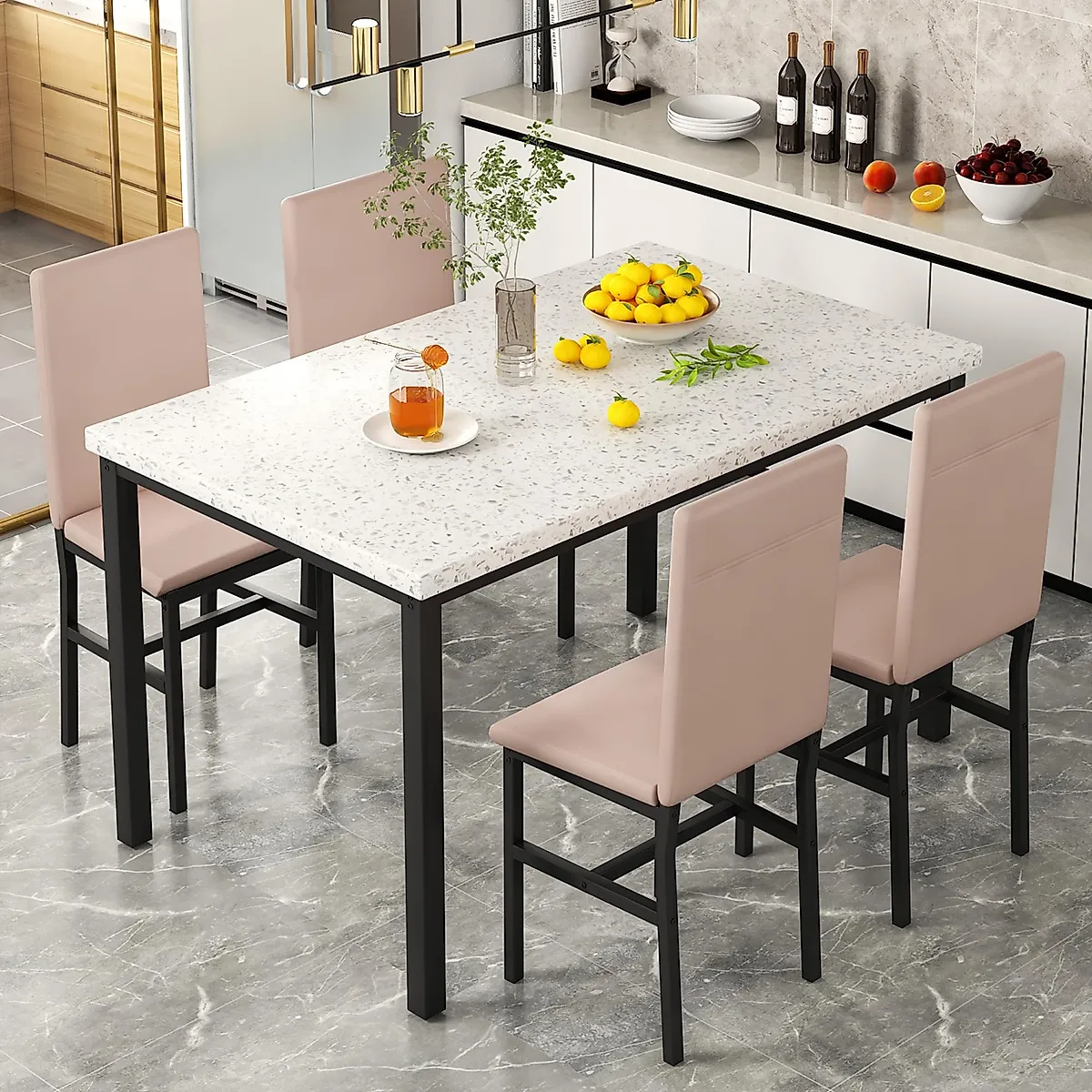 AWQM White Faux Marble Dining Table with 4 Upholstered Chairs, 5-Piece Dining Room Table Set for Small Space, Breakfast Table Bar Table and Chairs Set for 4, Home & Kitchen Set