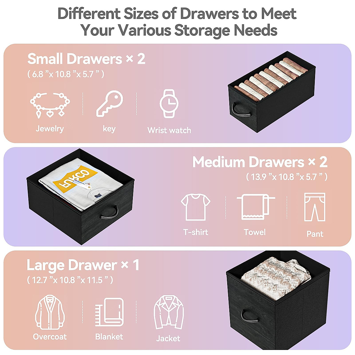 Furnulem Dresser for Bedroom Organization Fabric Dresser Units with 5 Storage Drawers Sturdy 2 Tier Shelf Large Space Dresser Bedroom Dresser for Hallway Entryway Dorm Black