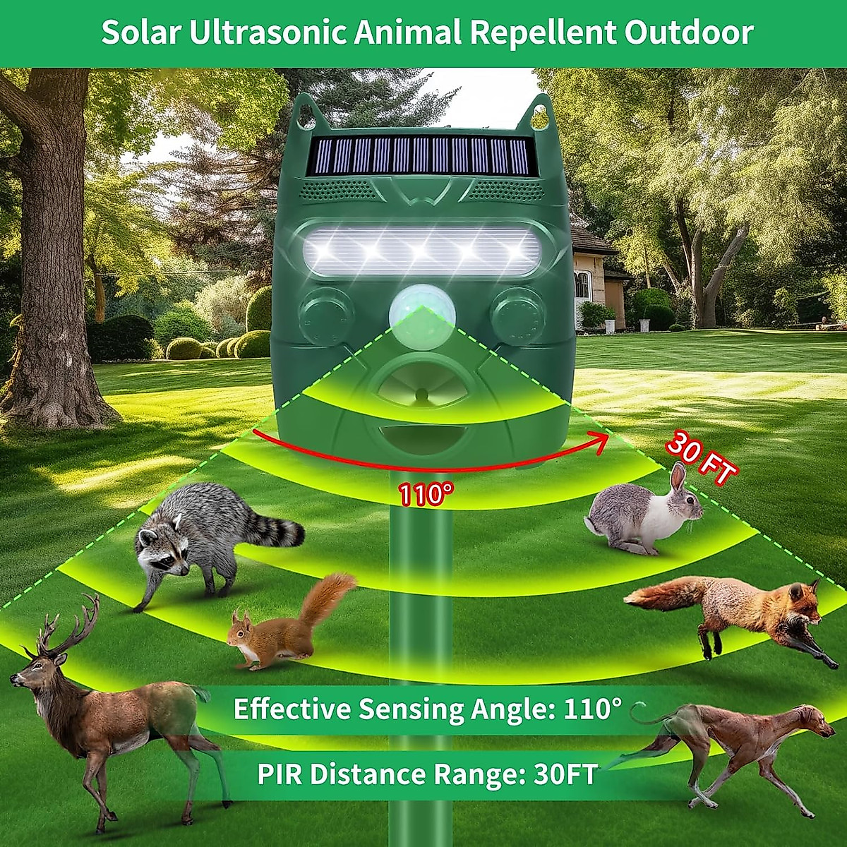 2 Pcs Solar Ultrasonic Animal Repellent, 2024 Deer Repellent Devices with Motion Sensor Flash Light to Scare Away Cat Squirrel Skunk Deer Raccoon Rabbit, Cat Deterrent Outdoor Dog Repellent for Yard