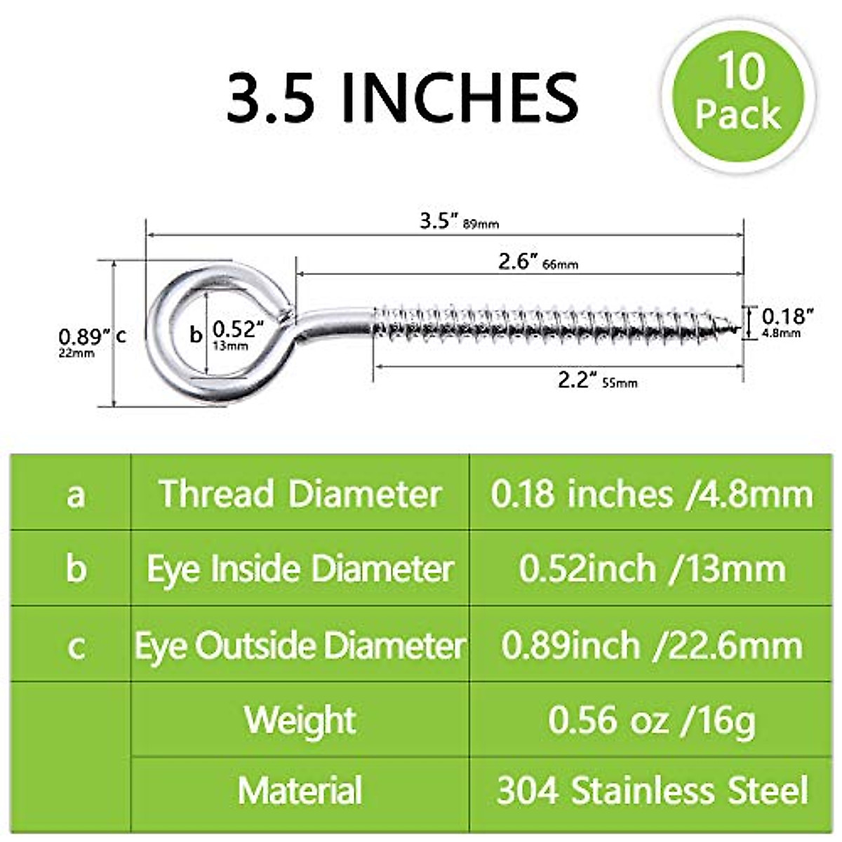 Stainless Steel Eye Screws, Heavy Duty Screw Eyes, Eye Hooks Screw in Heavy Duty, 3.5 Inches Eye Bolts, 10 Pack Eye Hooks Screw
