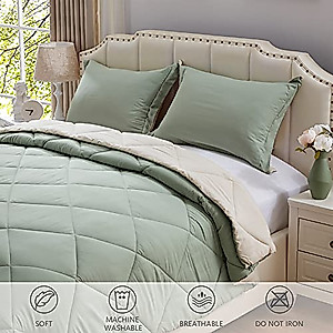 NexHome Lightweight Comforter Set Twin Size, Down Alternative Solid Comforter Set Thin Microfiber Autumn Spring Summer Winter Bedding Comforter with 1 Pillow Sham (Twin/Twin XL, Sage Green/Beige)