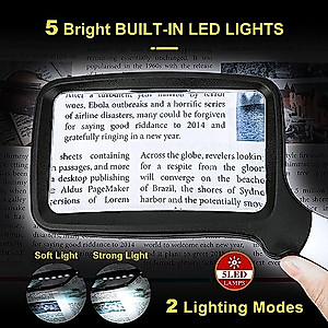 Arsir 3X Folding Magnifying Glass with Light, Retancular Lighted Magnifier with 5 LED Lights, Handhold Page Magnify Lens Seniors Gift for Reading Books, Coins, Maps, Inspection, Kid Exploring -Black