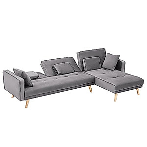 Penifun L Shaped Couch Sectional Sofa 3 seat Set for Living Room, 104.5" W 3 Seater Right Chaise Lounge, Convertible Folding Futon Bed Sleeper with 3 Pillows & 3 Backrest Settings-120°/150°/180°, Gray