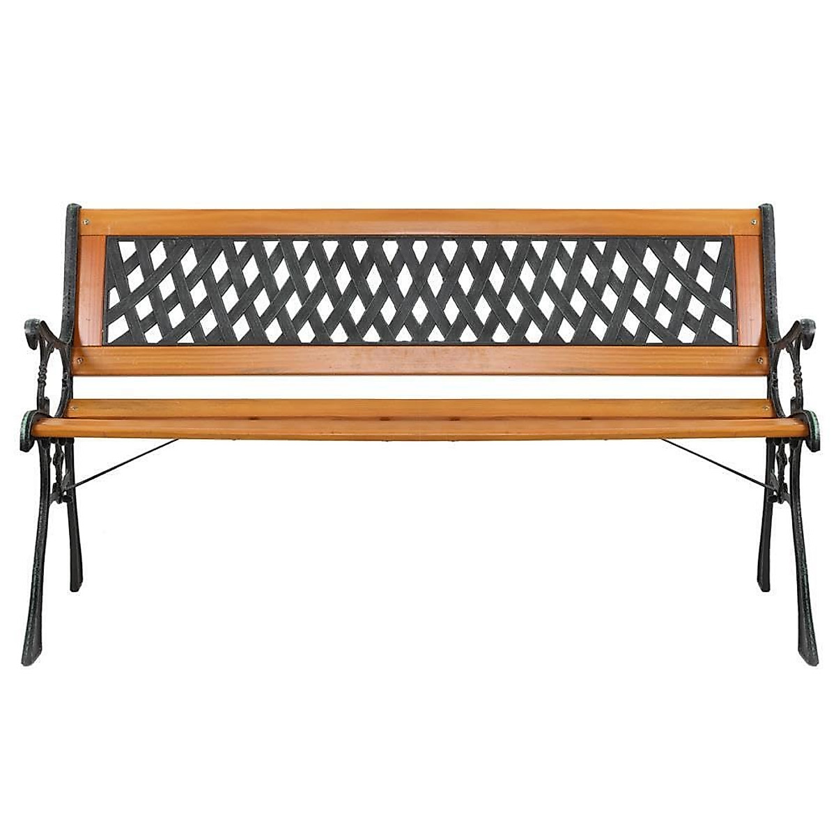 Patio Porch Garden Bench Cast Iron Outdoor Chair Love Seats Park Wooden Seat Bronze & Natural