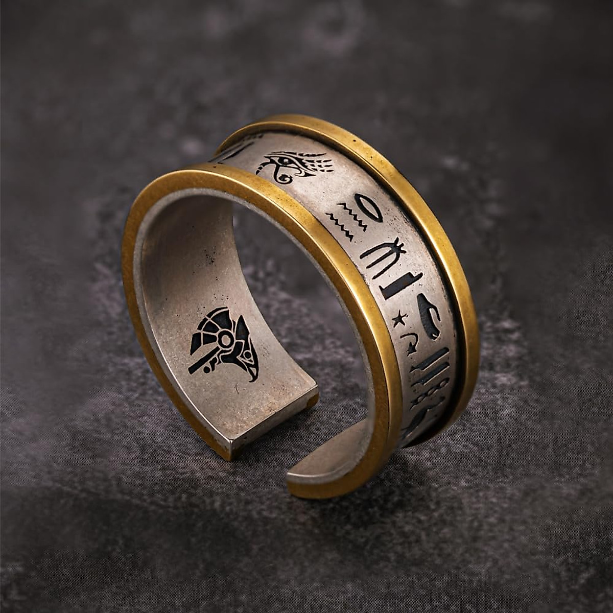 Copper and 925 Sterling Silver Eye of Horus Ring Two Tone Ancient Egyptian Hieroglyphics Band Ring Punk Jewelry for Men Women Open and Adjustable 8mm Size M