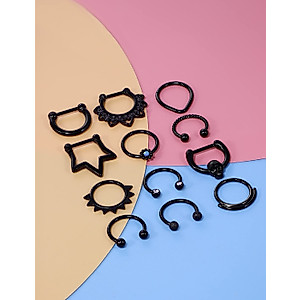 Vsnnsns 16G Septum Jewelry Septum Ring Piercing Jewelry Septum Clicker Ring and Horseshoe Barbell Stainless Steel Captive Bead Ring Septum Nose Rings Hoop for Men Women Black 10mm 12pcs