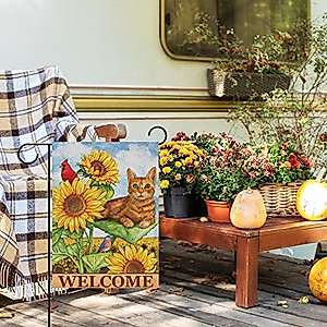 Furiaz Cat Cardinal Sunflower Welcome Spring Decorative Small Garden Flag, Summer Yard Orange Kitty Tabby Red Bird Outside Decoration, Fall Autumn Outdoor Burlap Decor Double Sided 12 x 18