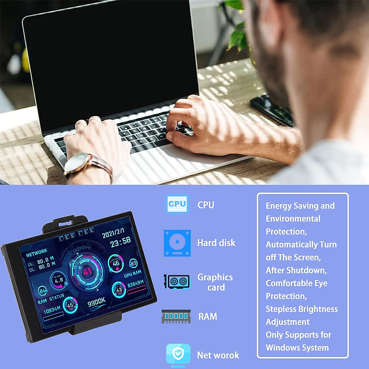 GOWENIC 3.5in Mini IPS Screen, Portable USB C AIDA64 CPU RAM Data Monitor Computer Temperature Display PC Sensor Panel Display, 360° Rotation, Only Support for Windows System