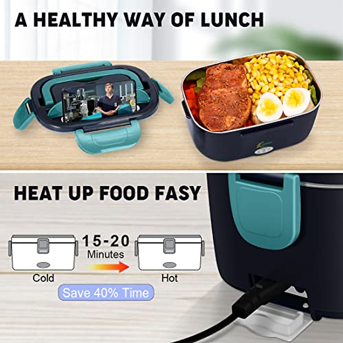 Yoorbee Electric Lunch Box Food Heater, 60W Heated Lunch Boxes for Adults,Durable 3-In-1 Portable Food Warmer for Car& Home/Office,Leak-proof,with Fork&Spoon,Carry Bag