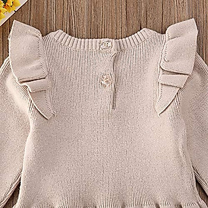 Merqwadd Infant Toddler Baby Girl Warm Romper Solid Longsleeve Knit Sweater Winter Rompers (Knitted Romper-Apricot, 6-12 Months)