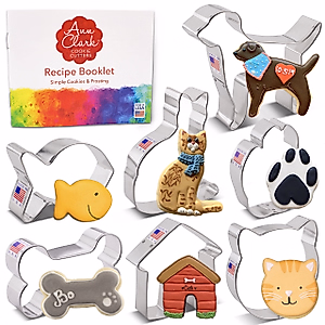 Pet Cookie Cutters 7-Pc. Set Made in the USA by Ann Clark, Paw Print, 4" Bone, Labrador, Cat Face, Curled Cat, and more