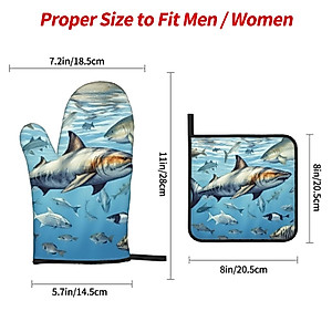 Oven Mitts and Pot Holders Set of 4 Ocean Fish Print Kitchen Oven Glove Fashion Heat Resistant Oven Gloves Set for BBQ Grill Baking Cooking Oven Microwave