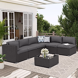 Oakcloud 7-Piece Outdoor Patio Furniture Sofa Set Black Rattan Wicker Sectional Conversation Sets with Glass Top Table and Cushions(Grey)