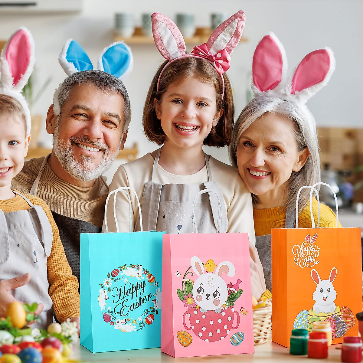 48 Pcs Easter Bunny Gift Bags with Handle, Easter Egg Candy Bags Easter Bags for Treats Easter Egg Hunt Bags Easter Paper Bag for Party Supplies, Goodie Treat Bag