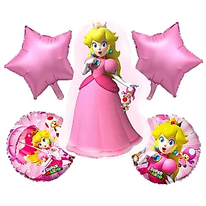 5Pcs Princess Peach Foil Balloons,Mario Theme Birthday Party Decorations Supplies for Girl (A)