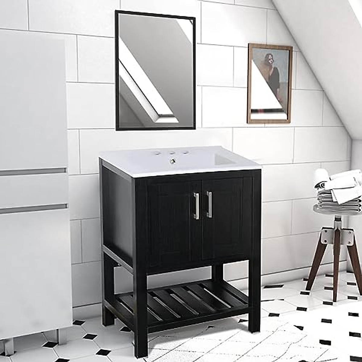 LUCKWIND 24" Black Bathroom Vanity Sink Combo, Modern Bathroom Cabinet with Space Save Bottom Shelf, Overflow 3-Hole Drop in Ceramic Vessel Sink Top & Mirror, Excluding Faucet