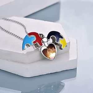 EXRANQO Personalized Autism Awareness Locket Necklace Sterling Silver Autism Awareness Colorful Puzzle Piece Photo Necklace That Holds Pictures Motivational Autism Healing Gifts