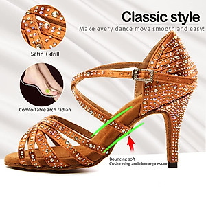 SWDZM Women's Rhinestone Dance Shoes Ballroom Latin Salsa Performance Practice Dancing Shoes,L377,Bronze,Heel 3 1/3'',US 8.5