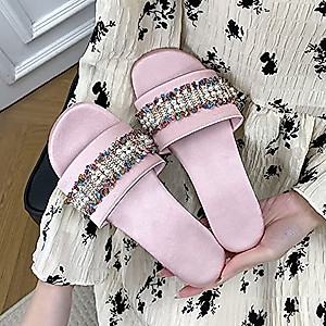 Fashion Women Beach Slip On Pearl Casual Open Toe Non Slip Flat Breathable Slippers Shoes Bedroom Boot Slippers Women (Red, 7)