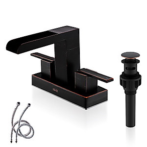 KENES Oil Rubbed Bronze Waterfall Bathroom Faucet, Two Handle Centerset Bathroom Sink Faucet, Vanity Faucet 3 Hole Bathroom Lavatory Faucet with Pop Up Drain & Supply Lines, KE-9053-8-P