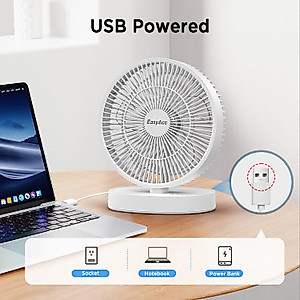 EasyAcc 12 Inch Desk Fan, USB Fan Air Circulator Fan Ultra Quiet 24 dB, IP67 waterproof, 5 Speeds, Timer, Energy Saving Table Fan, Adjustable Angle for Home, Office, Bedroom and Outdoor（White）