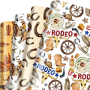 12 Sheets 28 * 20 Inches Western Wrapping Paper Watercolor Cowboy Wild West Desert Cactus Rodeo Gift Wrap Paper for Birthday Baby Shower Horse Racing Party DIY Craft