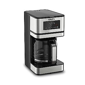 KRUPS Simply Brew Stainless Steel and Glass Carafe Drip Coffee Maker 14 Cup Programmable, Customizable, Digital Display, Warming Function Coffee Filter, Dishwasher Safe, Drip Free Silver and Black