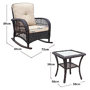 3 Pieces Outdoor Wicker Rocker Patio Bistro Set, Rocking Chairs with Tempered Glass Table Side Table, Outdoor Wicker Rocking Chair with Cushions Dark Brown