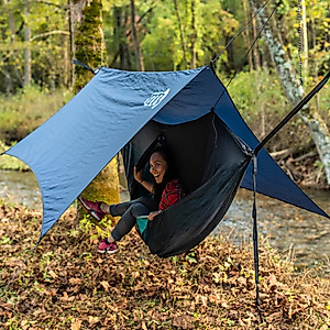 ENO OneLink Hammock System - Includes DoubleNest Hammock, Atlas Suspension System, Guardian Bug Net, and ProFly Rain Tarp - Set of Hammock Essentials for Camping, Hiking, or a Festival - Navy/Olive