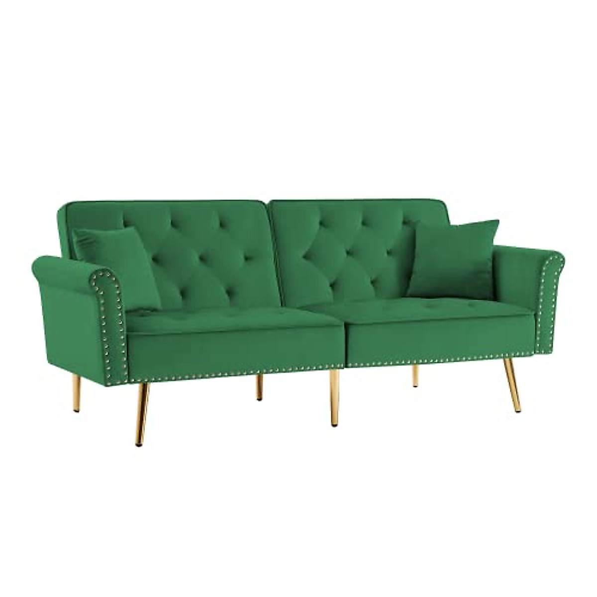 SZLIZCCC 76.7" Velvet Futon Sofa Bed, Copper Nail Decoration Accent Sofa, Convertible futon Couch, backrest can be Adjusted at Three Angles, Sleeper Sofa, Bed Size-Twin.(Green)