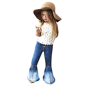 MODNTOGA Baby Girls Denim Bell Bottom Jeans Vintage Toddler Kid Flare Pants Jeans Western Little Cowgirl Outfit Hippie Pants (Dark Blue, 130 (6-7T))