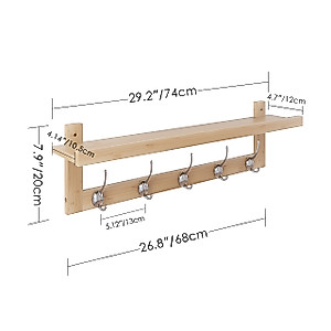 SMIBUY Coat Hooks with Shelf Wall-Mounted, 29.2 Inch Entryway Coat Rack for Wall, Bamboo Hanging Shelf with 5 Double Metal Hooks for Bathroom, Bedroom, Kitchen, Living Room, Mudroom (Natural)