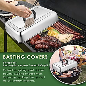 Joyfair 13 x 9 Inch Melting Basting Cover Set of 2, Stainless Steel Metal Cheese Melt Domes Rectangular for Outdoor/Indoor Flat Top Griddle, Heat-resistant Handle & Screwdriver, Dishwasher Safe
