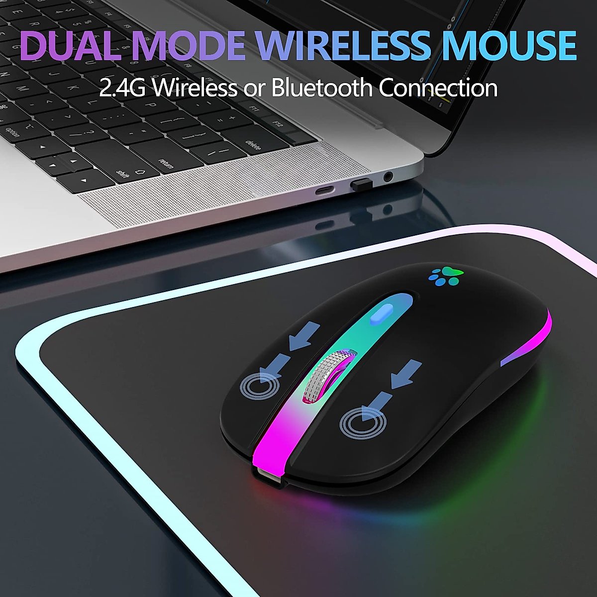 FUWANG Wireless Mouse, Rechargeable LED Wireless Bluetooth Mouse,Portable USB Optical 2.4G Wireless Bluetooth Two Mode Computer Mice with USB & Type-c Receiver(Black)