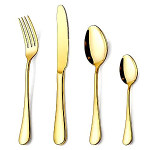 Gold Silverware Set, OGORI 24-Piece Gold Forged Stainless Steel Flatware Set, Service of 6