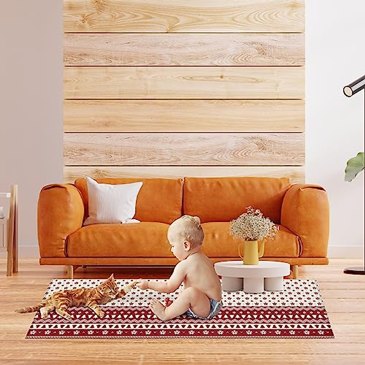 MUENINELE Kitchen Floor Rugs, Merry Christmas Snowflake Xmas Tree Geometric Pattern Red Non-Slip Runner Mats Runner Rugs for Laundry, Bedrooms, Sink, Office, 2 PCS Set