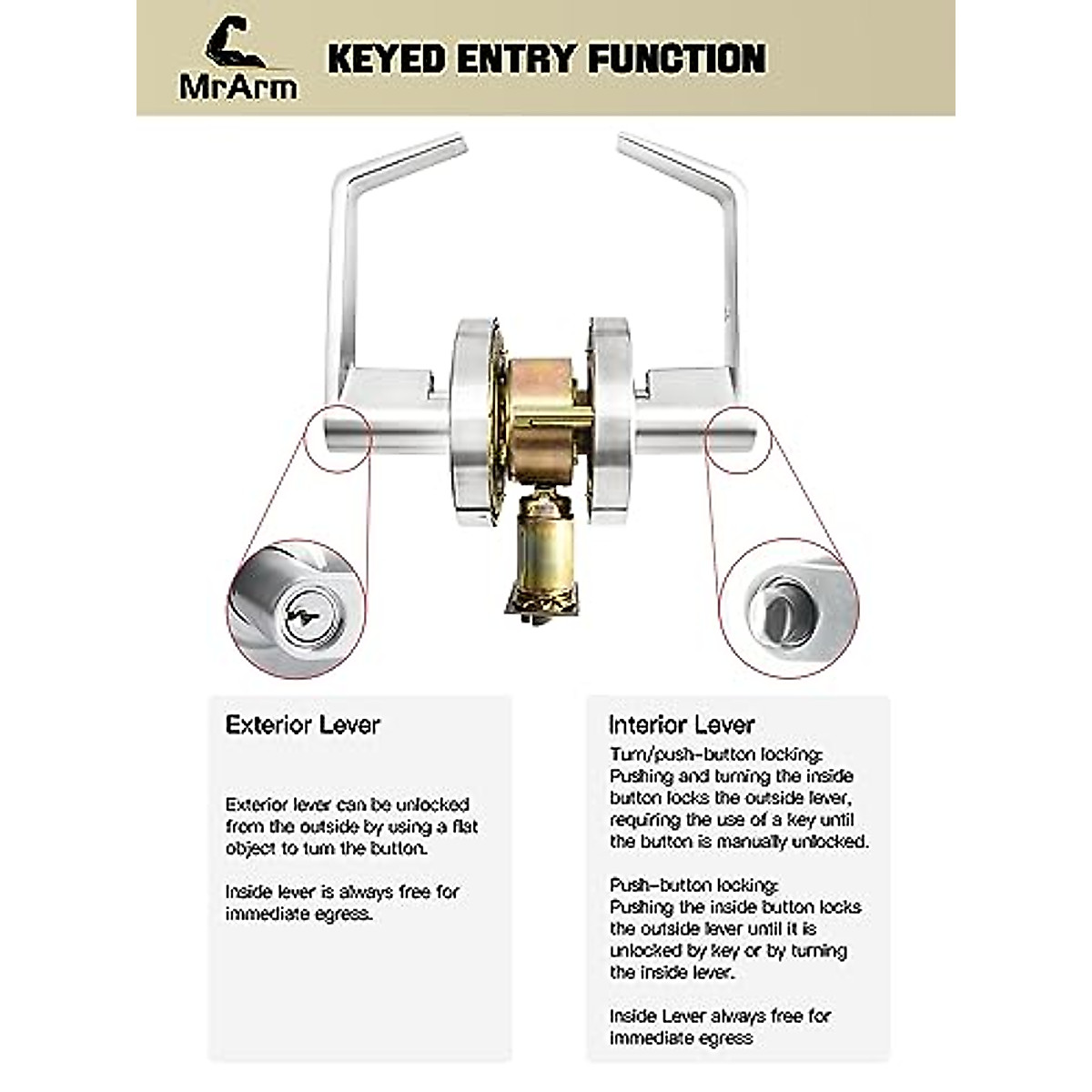 MrArm Commercial Door Lever Lock, Heavy-Duty Locking Door Handle, Designer Door Handles, Cylindrical Lever Lock, Non-Handed Grade 2 Industrial Standard Door Handle, Satin Chrome(Keyed Entry)