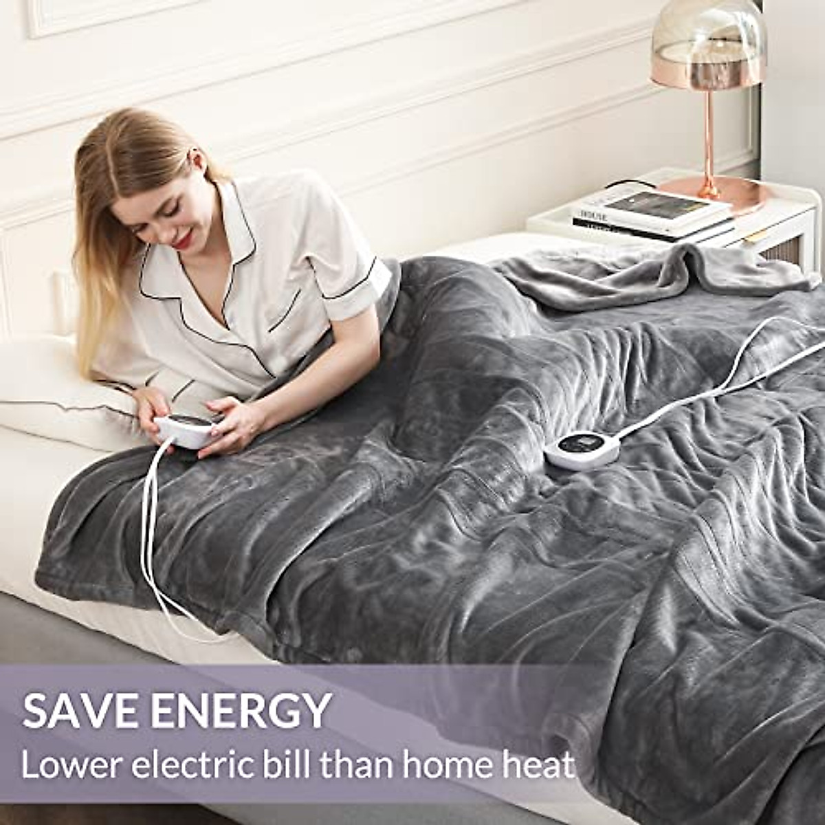 HOMLYNS Electric Blanket Queen Size Dual Control, Heated Blanket with 1-12H Timer Auto-Off & 10 Heating Levels, Fast Heating Blanket Machine Washable, Home Office Use ETL Certified, Grey (84x90)
