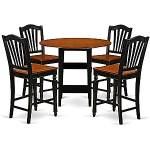 East West Furniture SUCH5H-BCH-W 5 Piece Counter Height Dining Set Includes a Round Pub Table with Dropleaf & Shelves and 4 Dining Room Chairs, 42x42 Inch, Black & Cherry