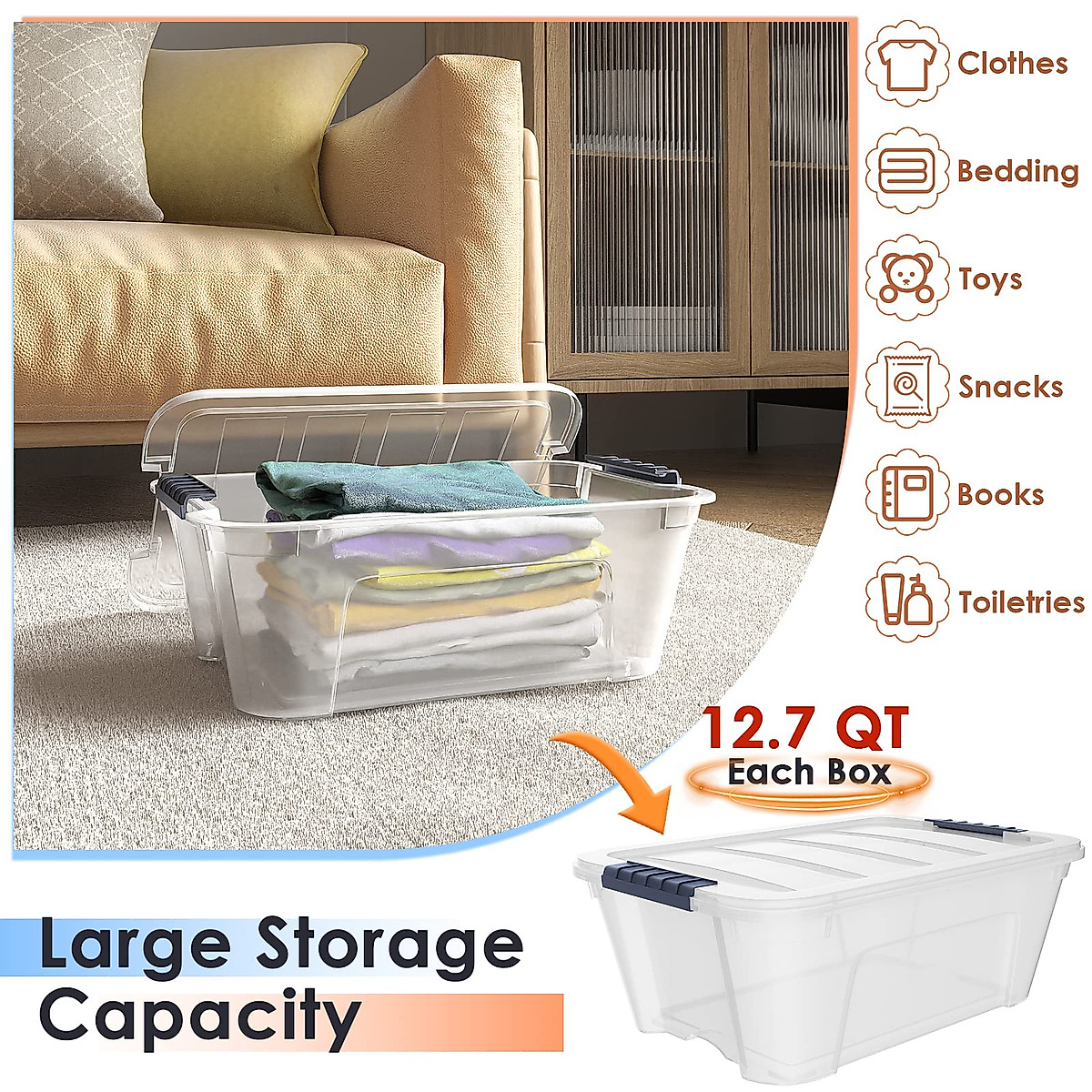 GORELAX 12 PCS Clear Plastic Storage Bins with Lid, 12 L/13 Qt. Tote Boxes w/Ultra Latching Handle, Nestable & Stackable Storage Containers for Organizing, Pantry, Clothes