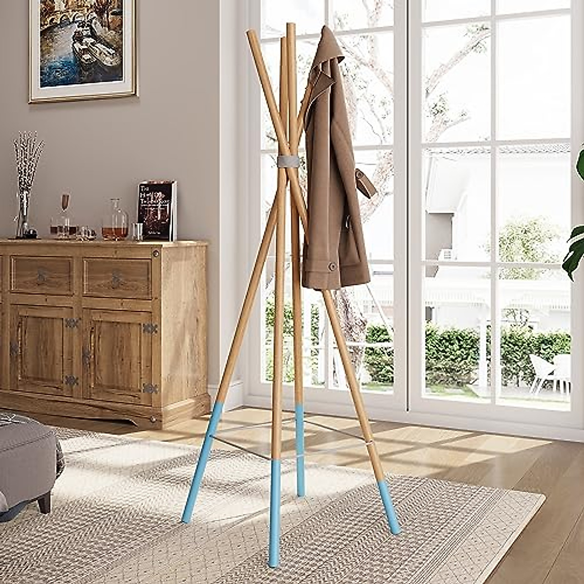 THRONKENGER Rustic Coat Rack with Unique Design,Wood Coat Rack Freestanding Coat Tree,Modern Minimalist Style Coat Stand for Entryway,Hallway,Bedroom (A)