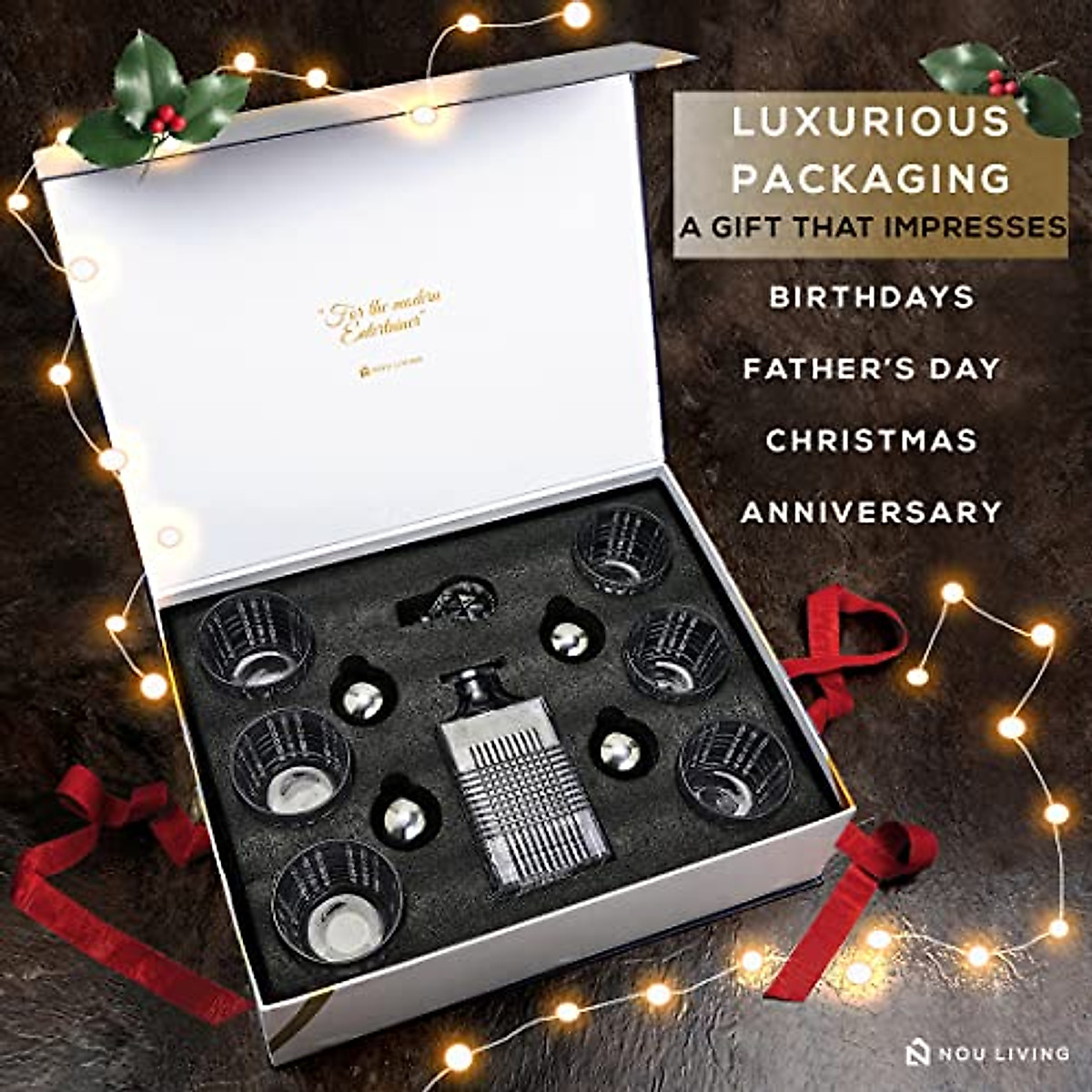 Nou Living Crystal Whiskey Decanter Set with Glasses – Whisky Decanter & Glass Set of 6 – Whiskey Decanter Sets for Men – 11 Pc Whiskey Gift Set - Crystal Liquor Decanters for Alcohol, Bourbon