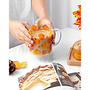 Pumpkin Glass Mug 15 Oz, Clear Fall Cup With Handle, Large Espresso Iced Coffee Glass, Hot Beverage Cappuccino Tea Drinking Glassware, Autumn Decor for Coffee Bar, Thanksgiving Gift for Pumkin Lover