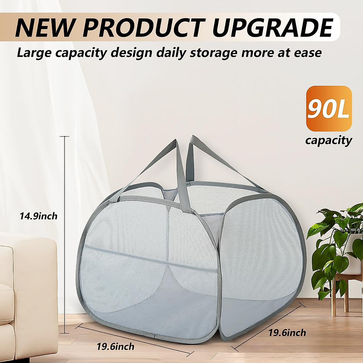 YTEACIUL 2Pcs Collapsible Laundry Baskets,Gray Mesh Pop Up Laundry Basket,Space-Saver with Side Pocket,Portable & Versatile Bathroom and Home Organizer for Laundry and Storage (90L)