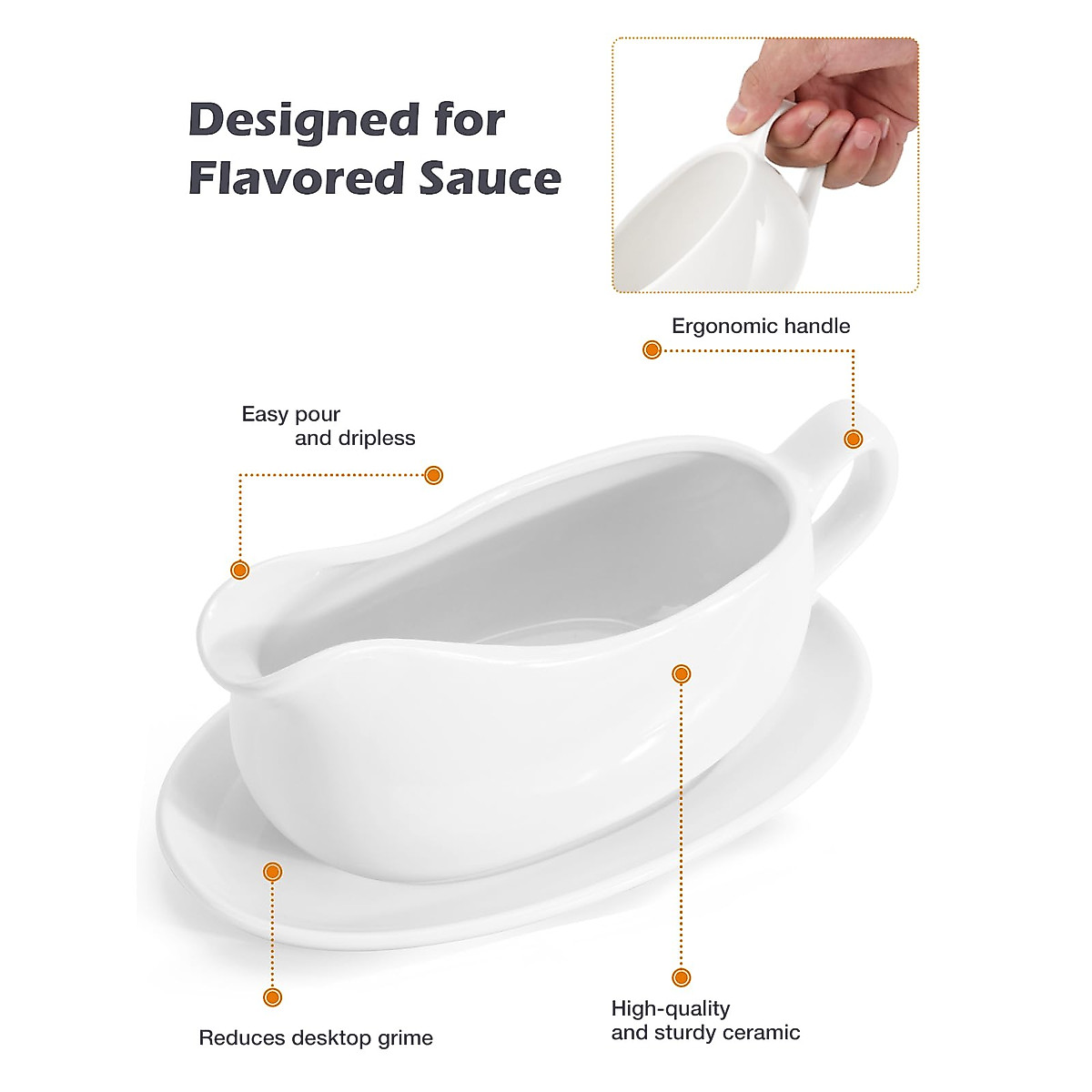 LoeJan Gravy Boat with Spoon, Ceramic Sauce Serving Dish, Easy-Pour Big Dripless Lip Spout Serveware Set For Salad Cream Milk Broth Black Pumpkin Thanksgiving (14 OZ & Tray)