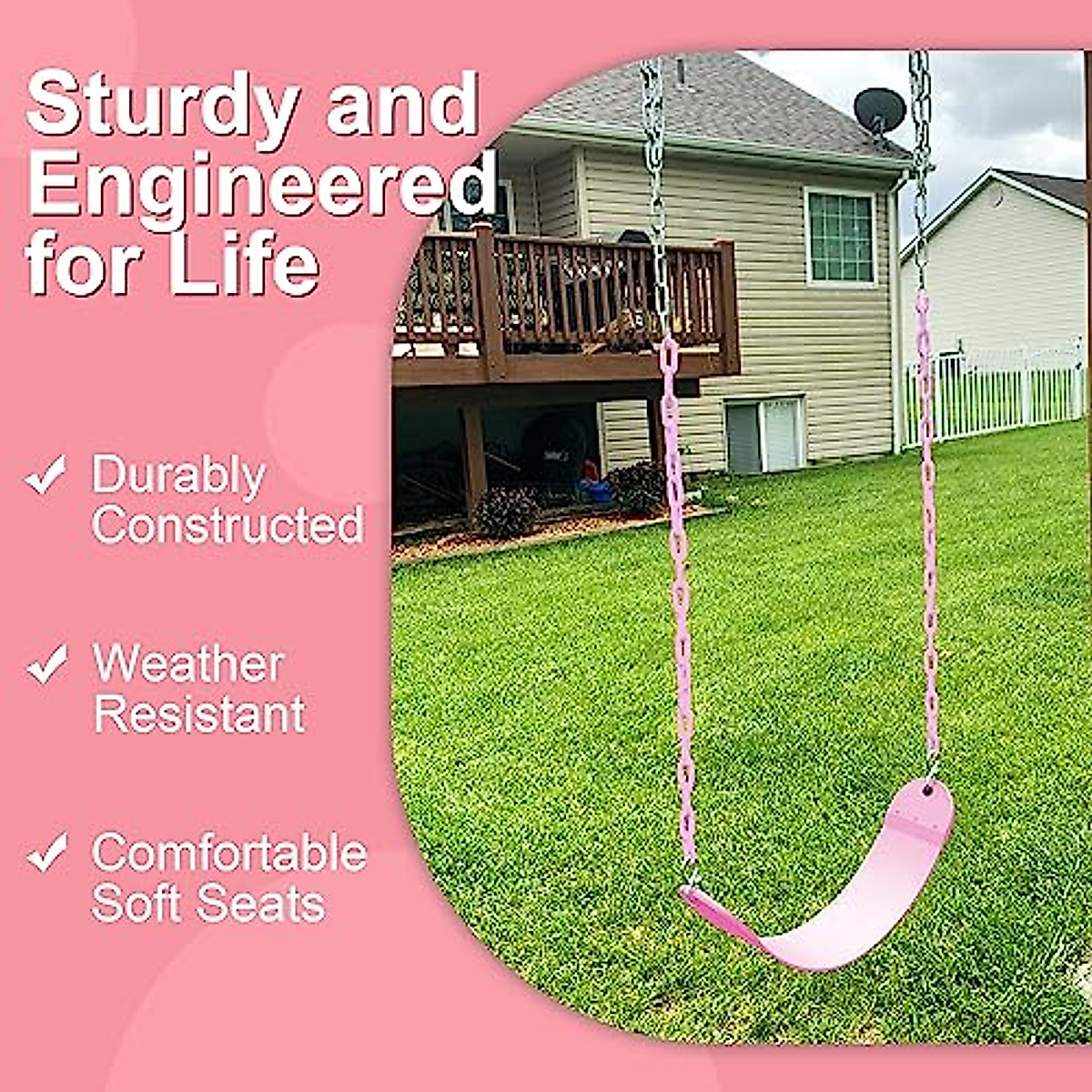 Pink Swing Seat - Heavy Duty Chain Plastic Coated - Playground Swing Set Accessories Replacement Gift Box Set Birthday Gift