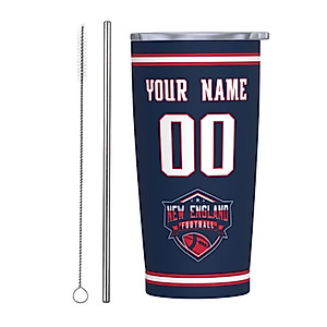 New England Custom 20oz Tumbler,Add Personalized Name and Number,Travel Coffee Mug, Stainless Steel, Insulated, Keep Drinks Cold and Hot,Gifts for Fans