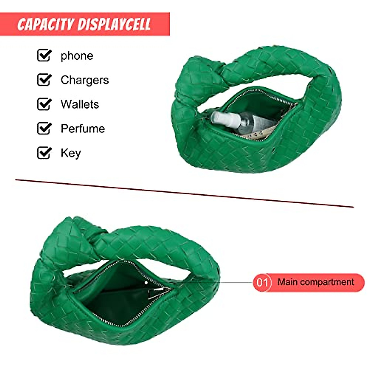 JBB Woven Handbag Bag for Women Leather Shoulder Bags Knotted Purse Soft Mini Hobo Clutch Green